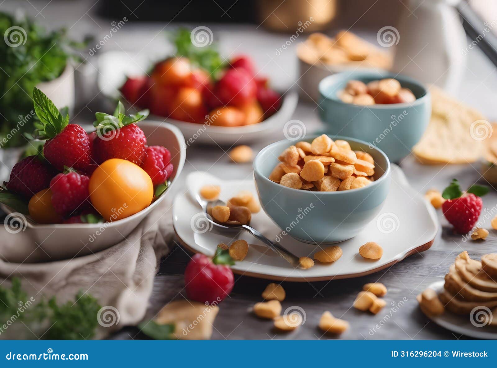 A Table is Set with Fruit and Snacks for Two People To Eat Stock ...