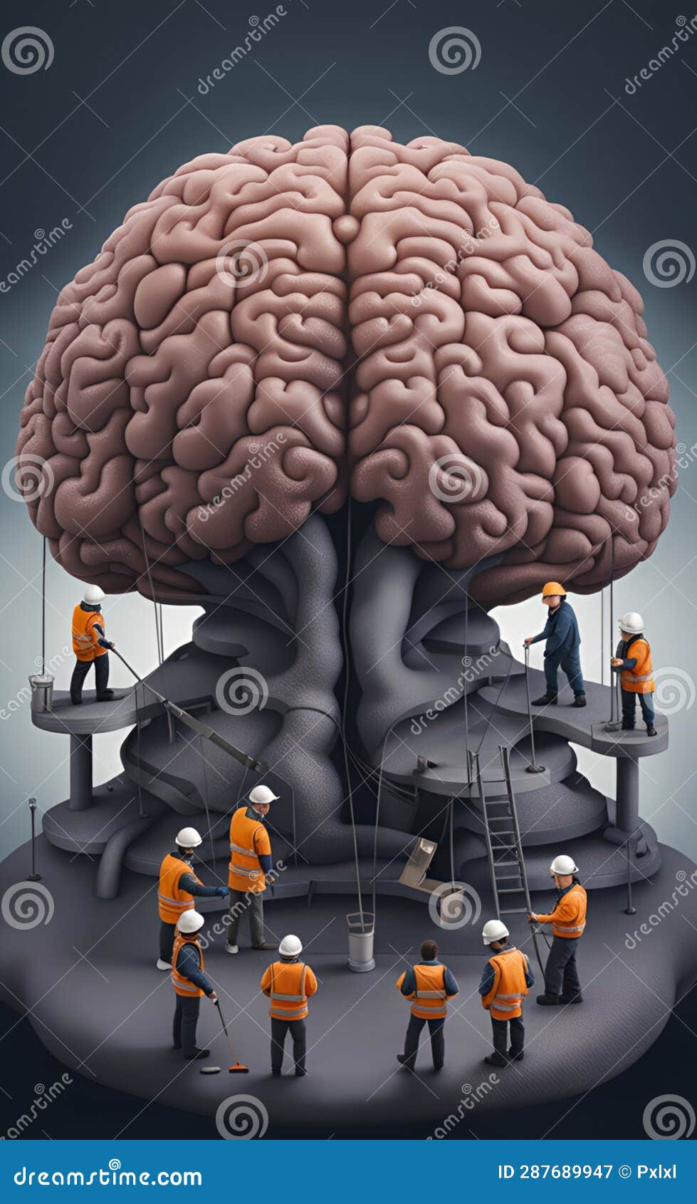 AI Generated Illustration of Workers Repairing and Fixing a Giant Human ...