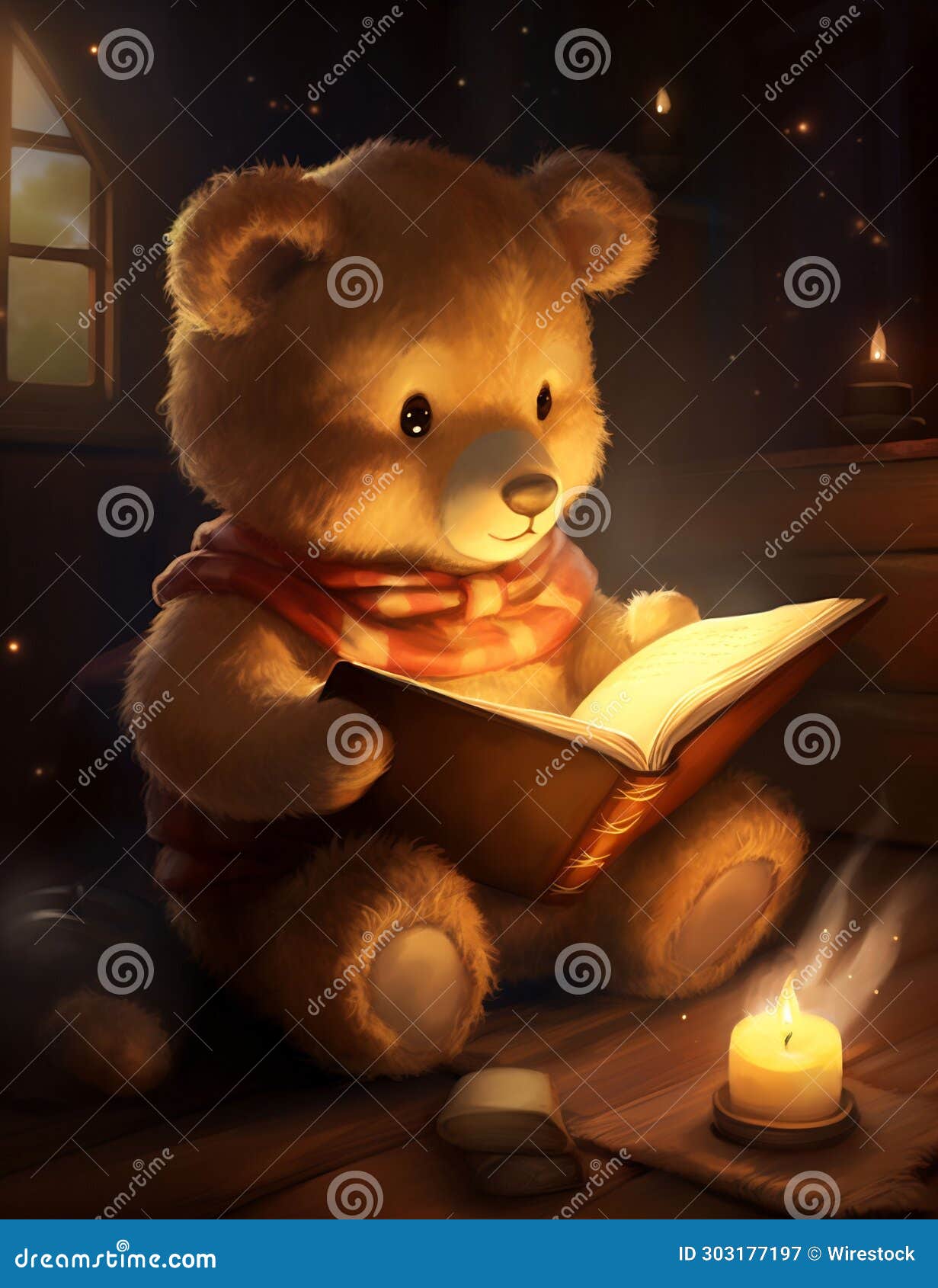 Ai Generated Illustration Of A Teddy Bear Reading A Book In A Dark Room