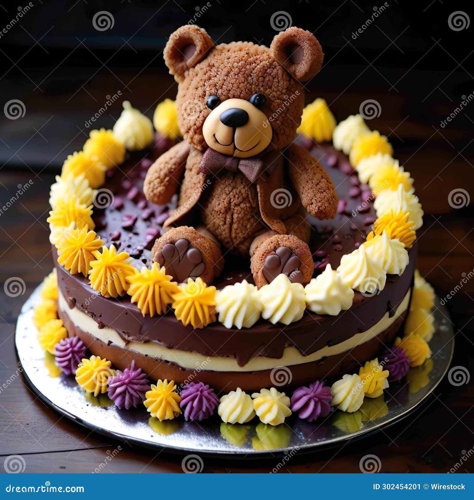 AI Generated Illustration of a Teddy Bear Shaped Cake Served on a Silver Platter Stock ...