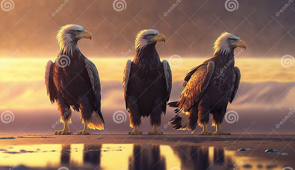 AI Generated Illustration of Three Majestic Bald Eagles Perched on a Beach Stock Illustration ...
