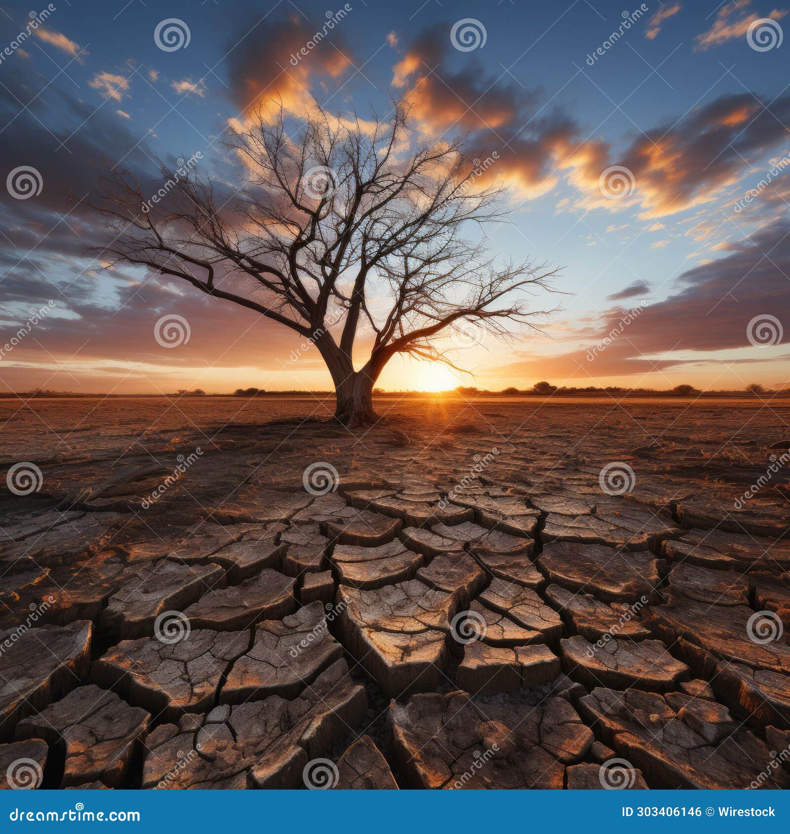 AI Generated Illustration of a Tree on Dehydrated Mud Flats Stock Illustration - Illustration of ...