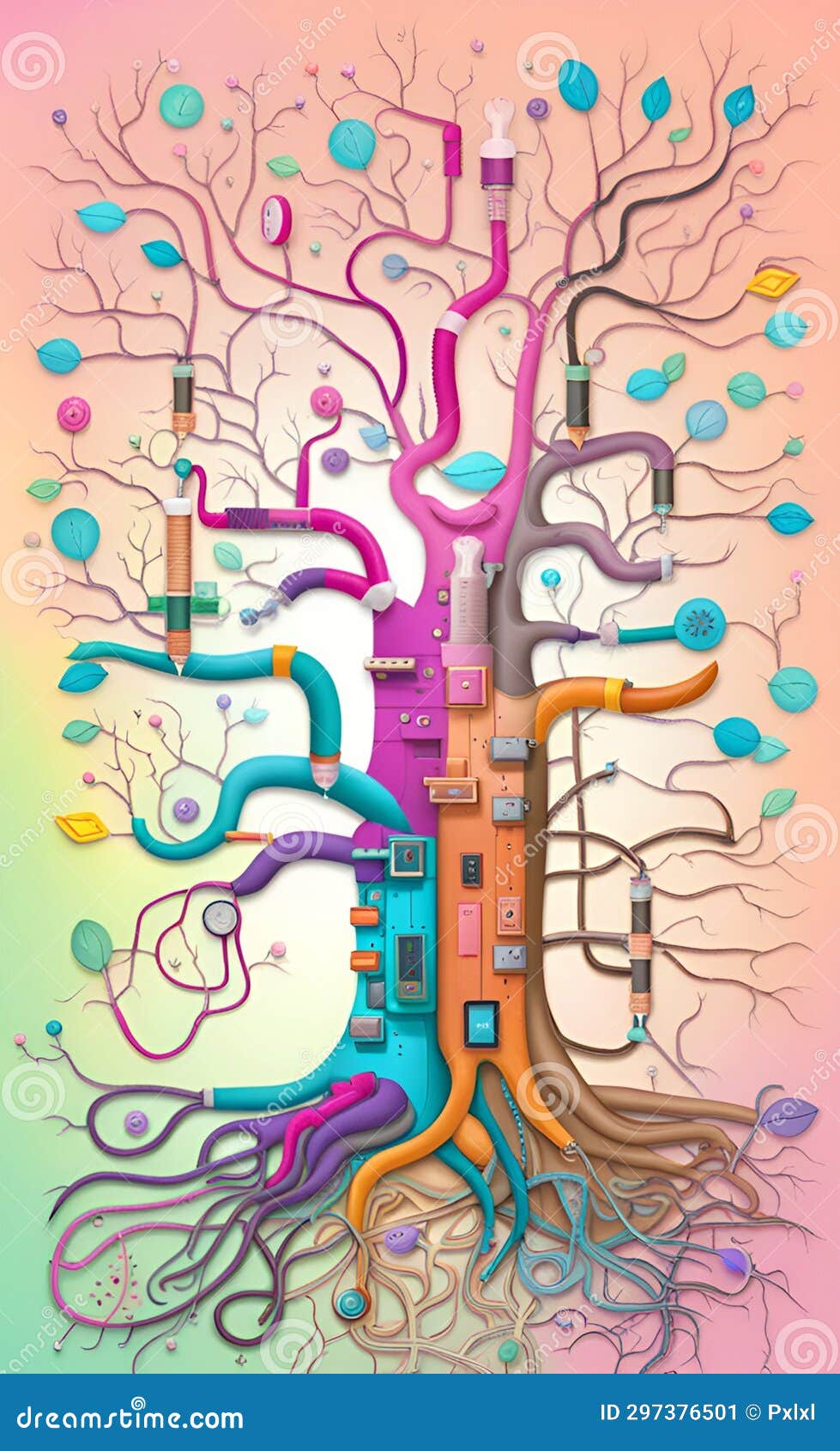 AI Generated Illustration of a Tree with Roots and Electric Circuits ...