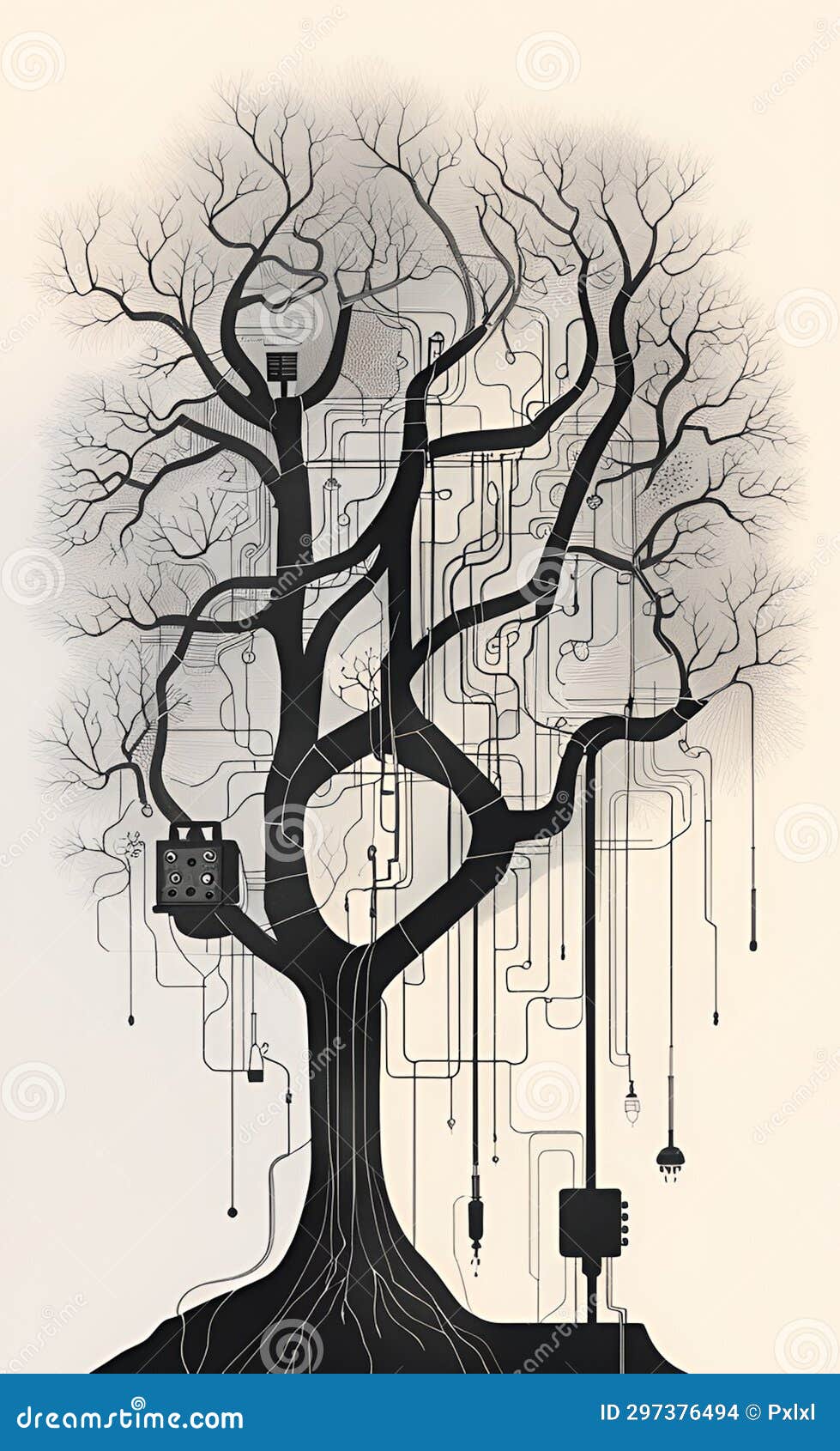 AI Generated Illustration of a Tree with Roots and Electric Circuits ...