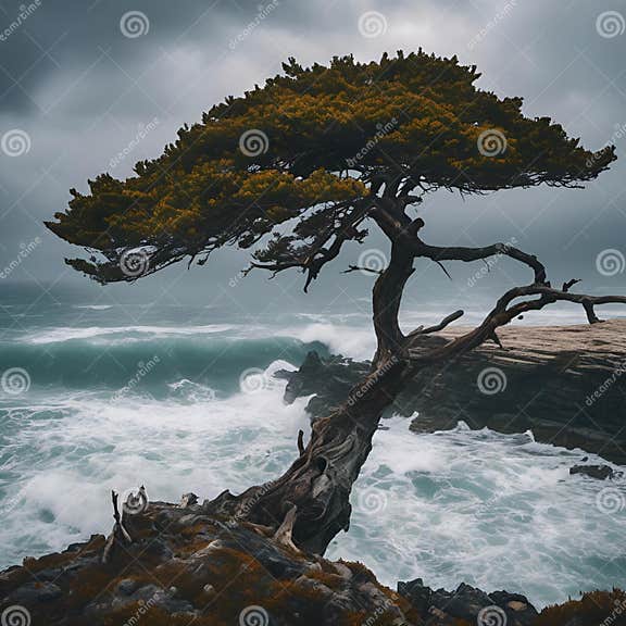 AI Generated Illustration of a Tree on a Windy Day by the Ocean Under a ...