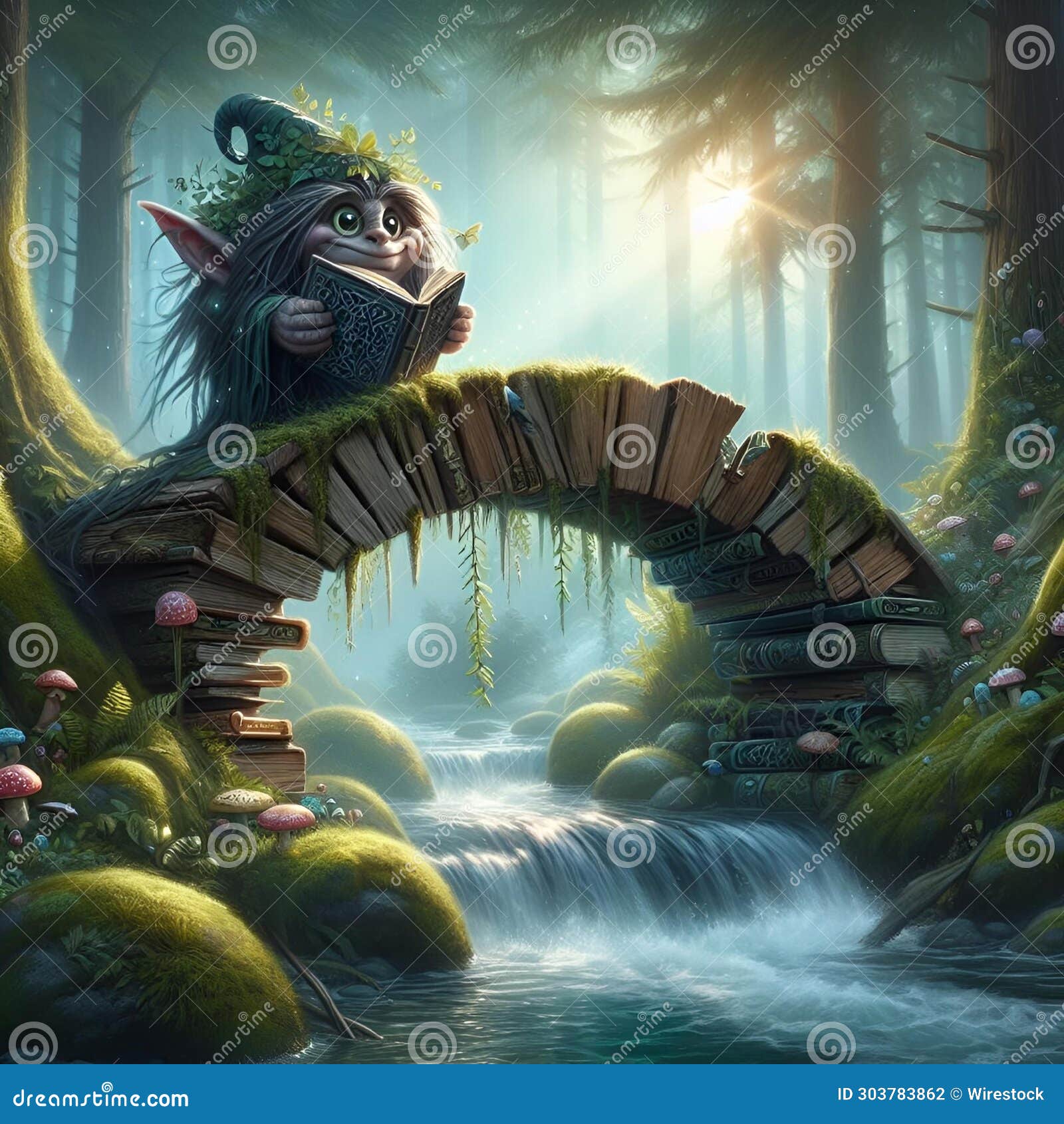 AI Generated Illustration of a Troll Reading a Book on the Bridge Stock ...