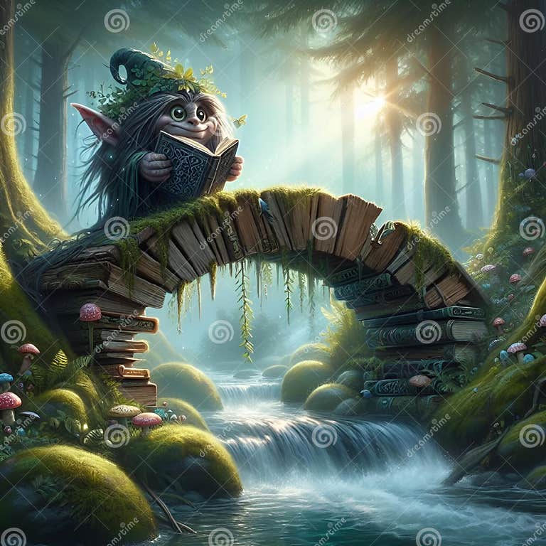 AI Generated Illustration of a Troll Reading a Book on the Bridge Stock ...