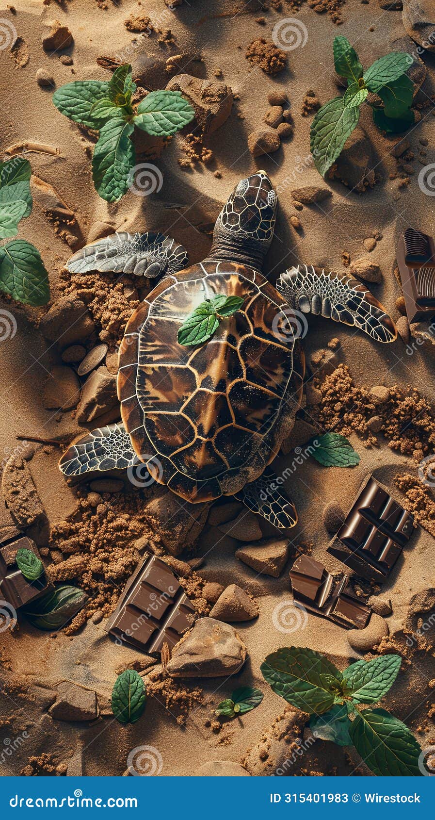A Turtle in Sand with Chocolate and Mint Leaves on it Stock Image ...