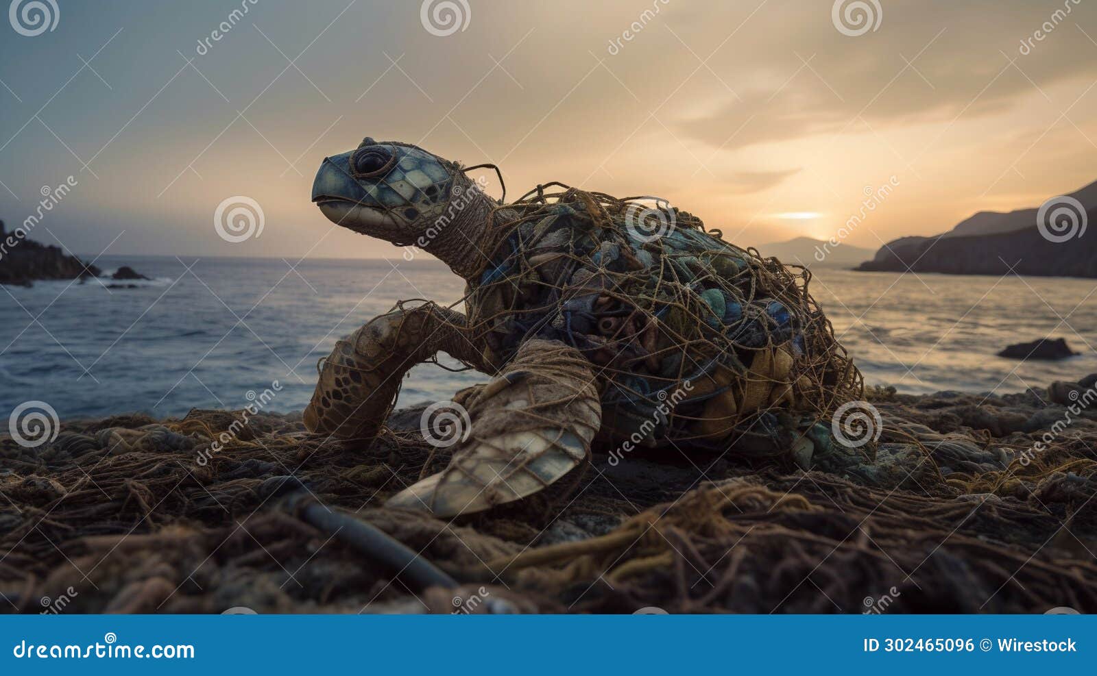 AI Generated Illustration of a Turtle Covered by Plastic on a Beach ...