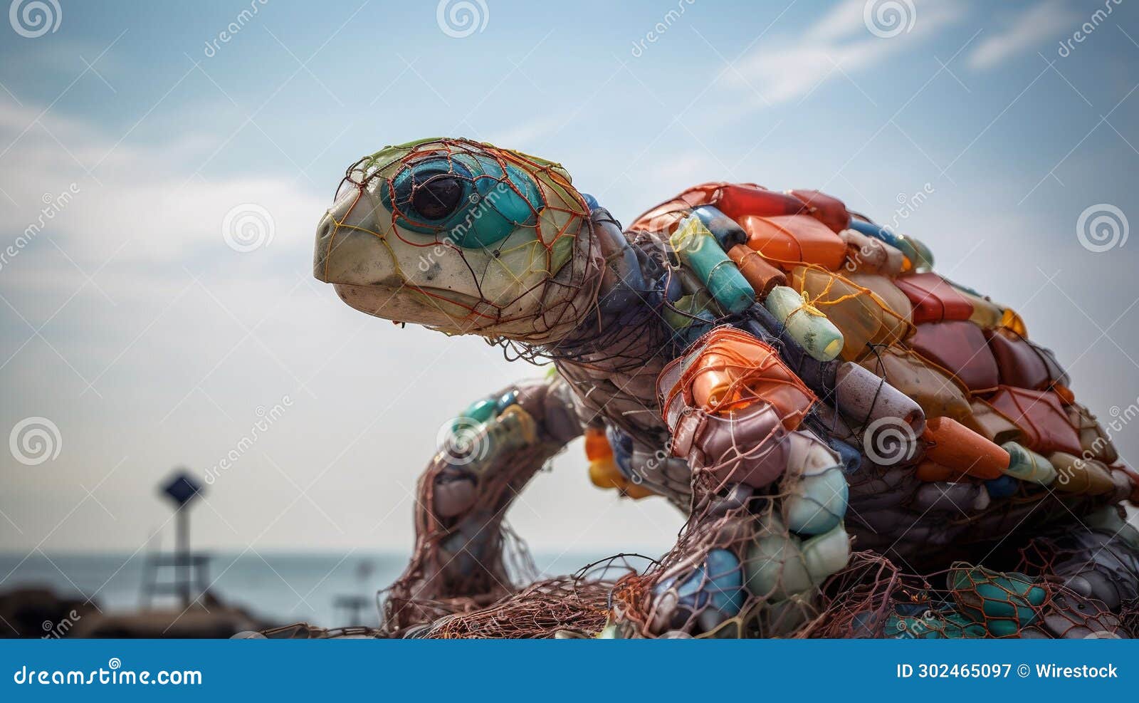 AI Generated Illustration of a Turtle Covered by Plastic on a Beach ...