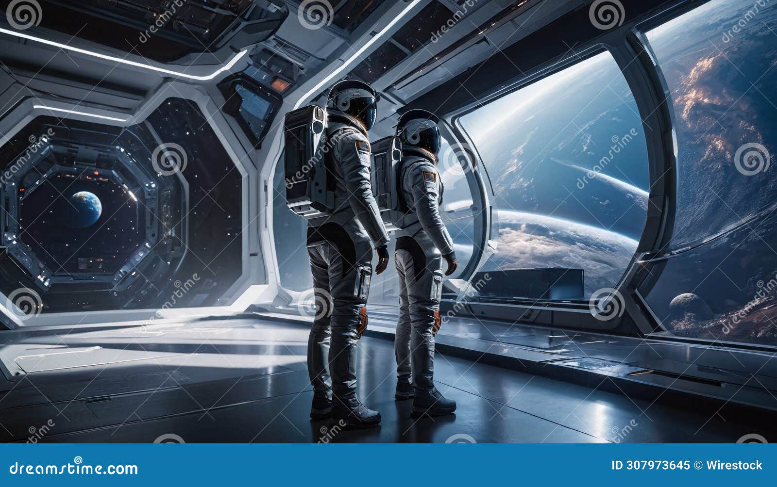 Two Men in Space Suits Stand Facing an Earth View from Inside a ... Two Men in Space Suits Stand Facing an Earth View from Inside a ...