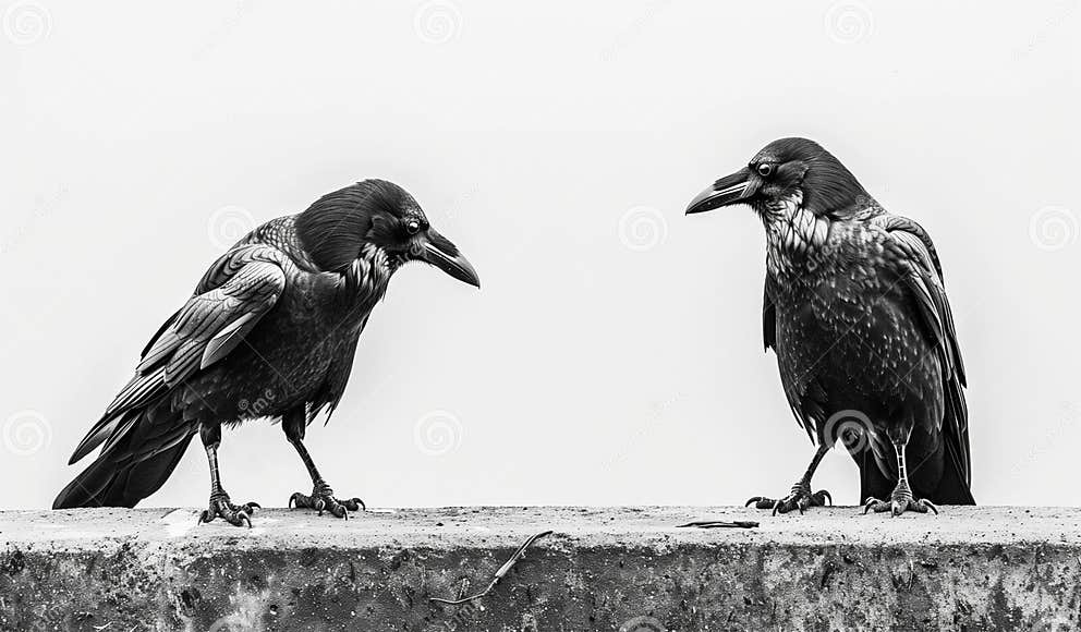 Two Black Crows Standing on a Stone Ledge, Facing One Another Stock ...