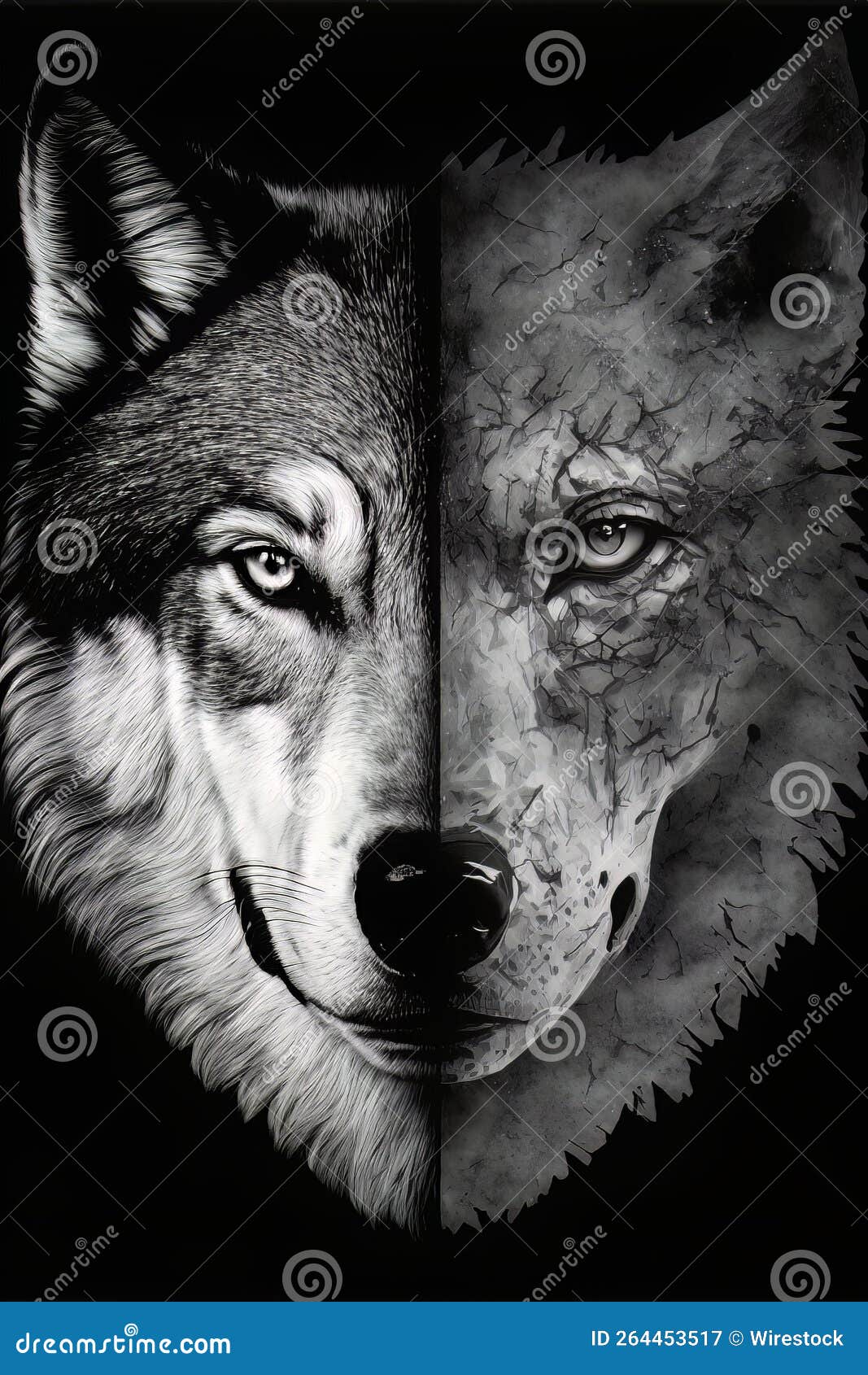 AI Generated Illustration of Two Different Wolves Sharing a Face in ...