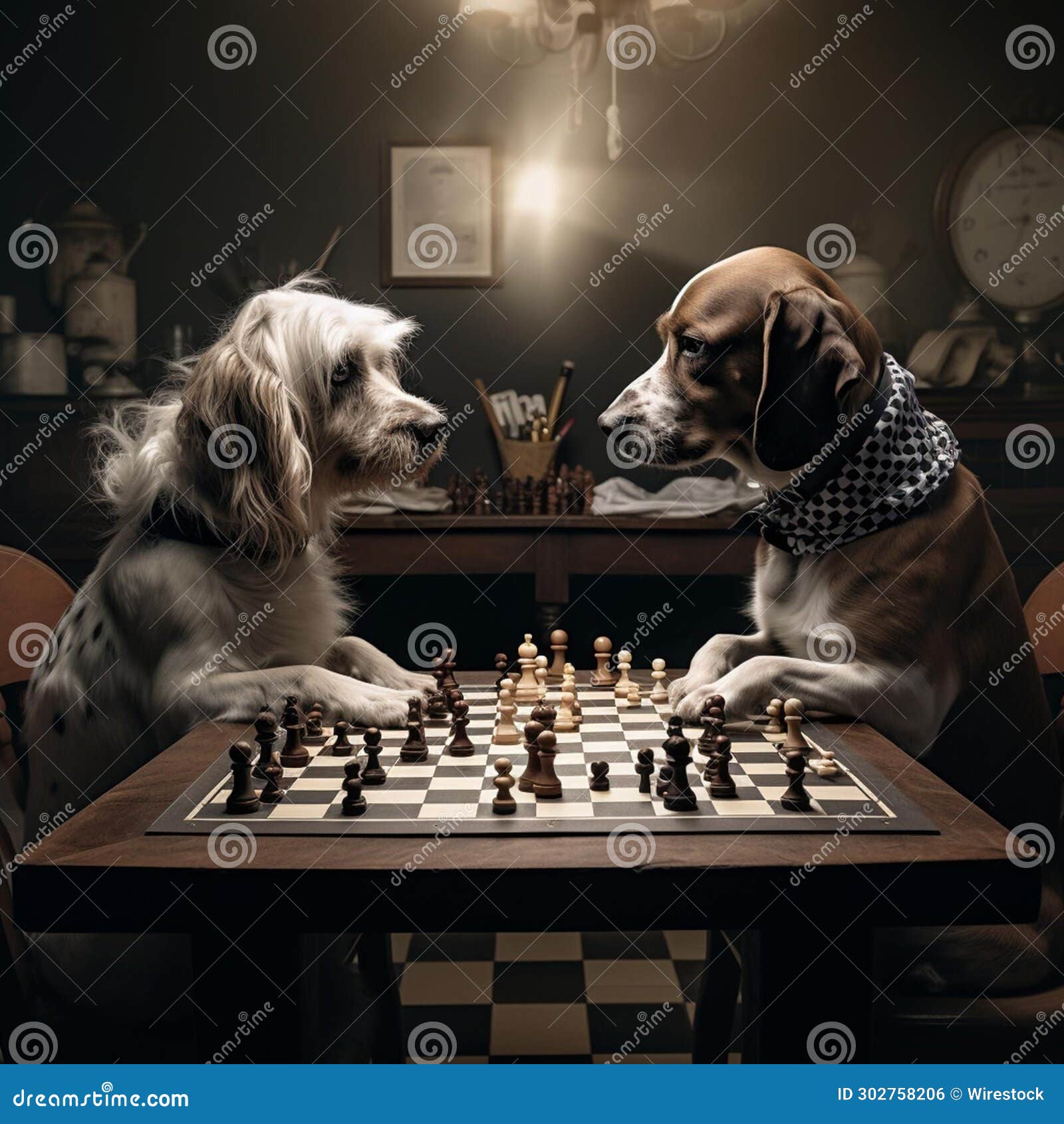 AI Generated Illustration of Two Dogs Playing Chess at a Small Dining ...