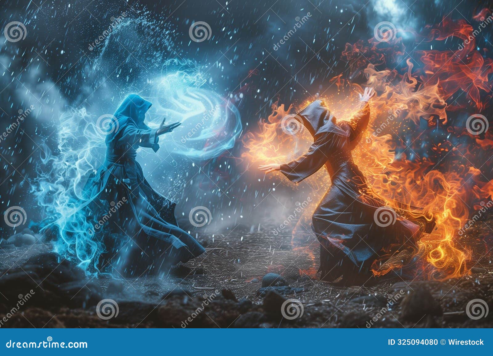 AI Generated Illustration of Two Hooded Figures Using Fire and Ice ...