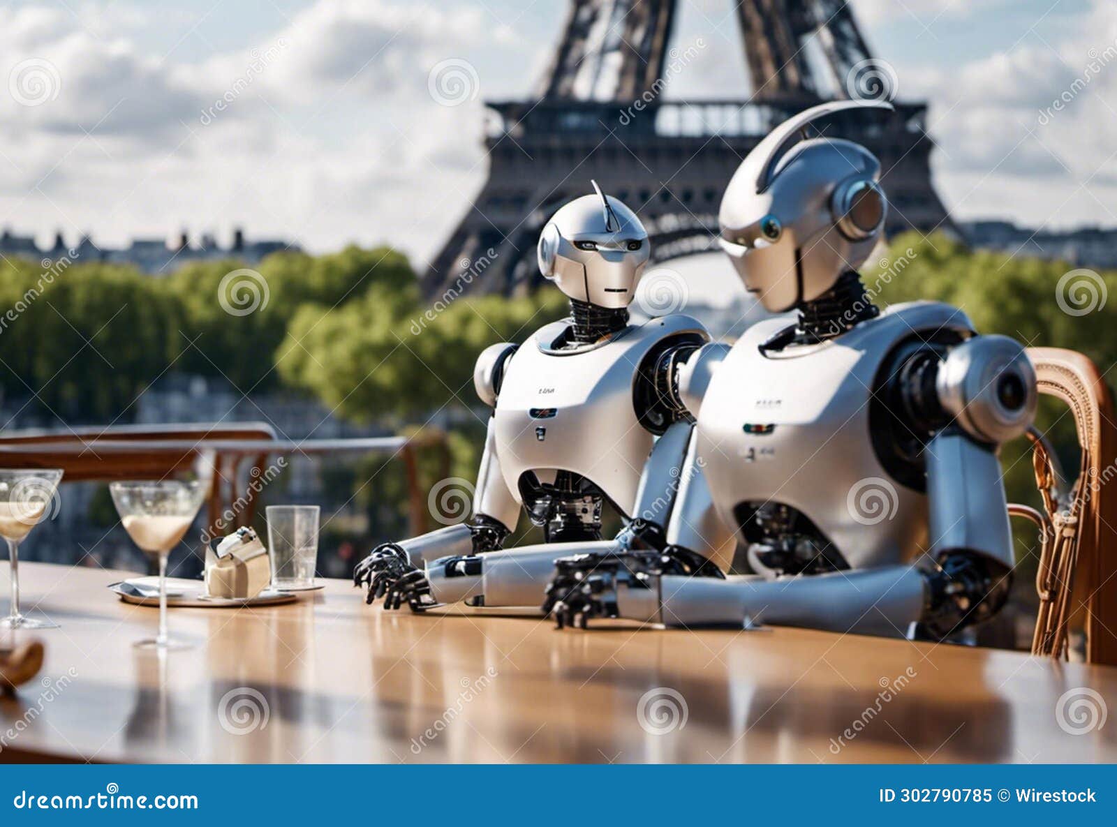 AI Generated Illustration of Two Robots Enjoying Drinks in Front of the ...