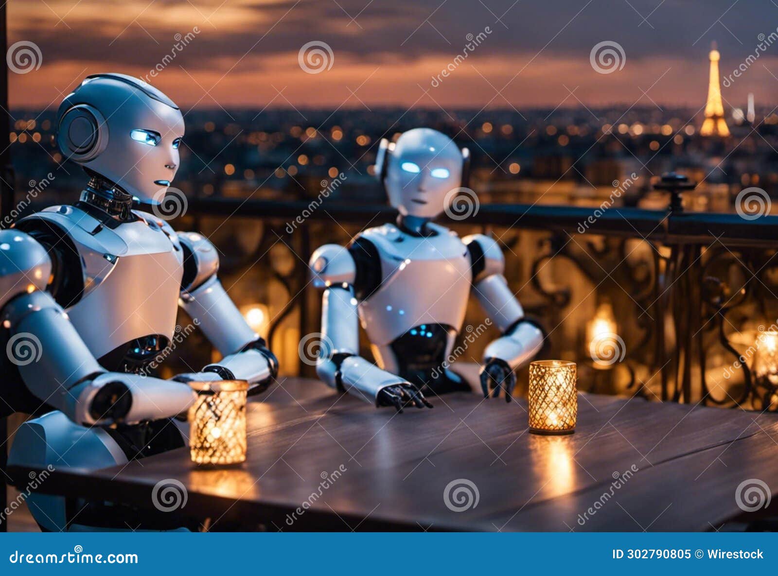 AI Generated Illustration of Two Robots Enjoying Drinks in Front of the ...