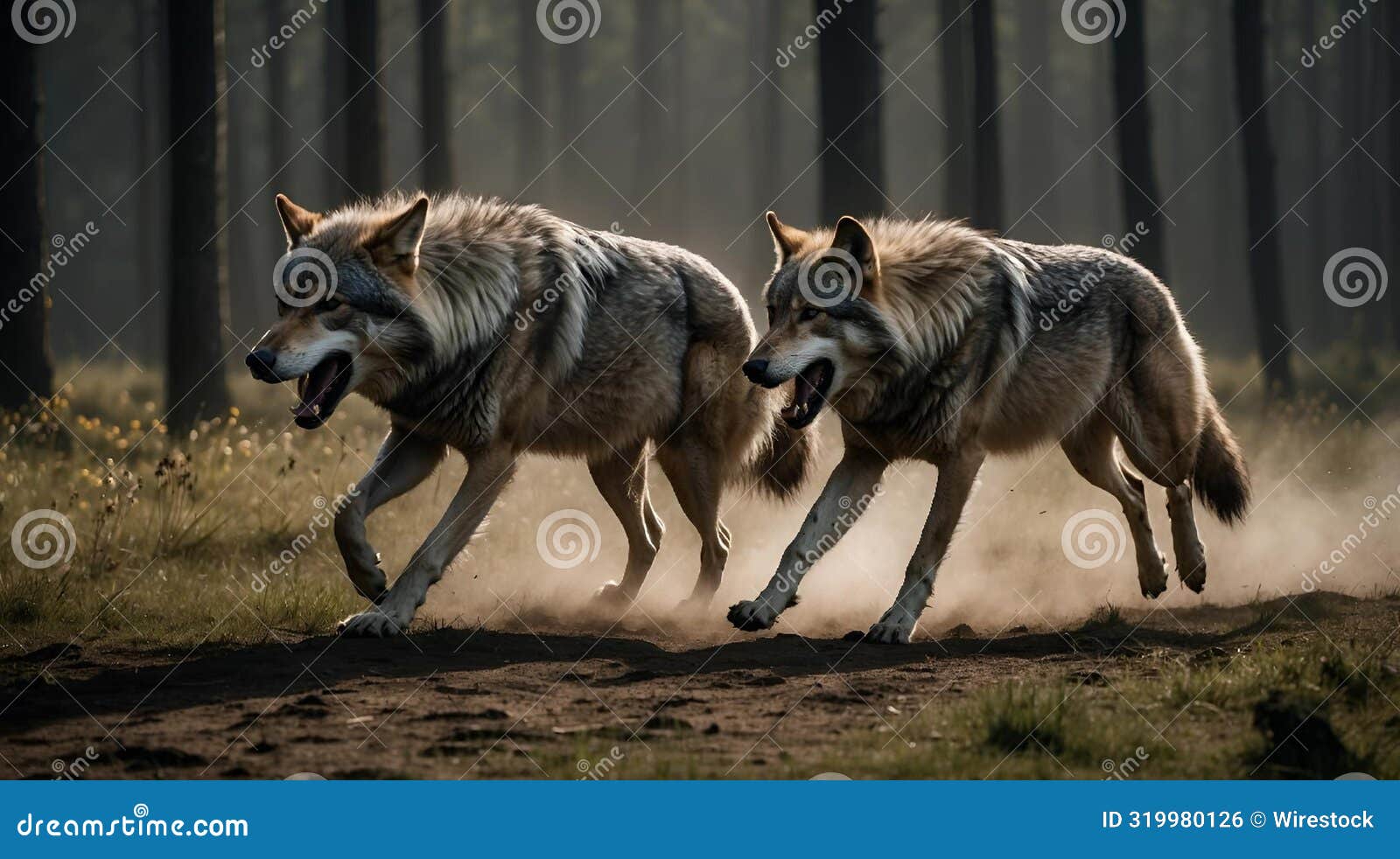 AI-generated Illustration of Two Wolves in a Forest Running Stock ...