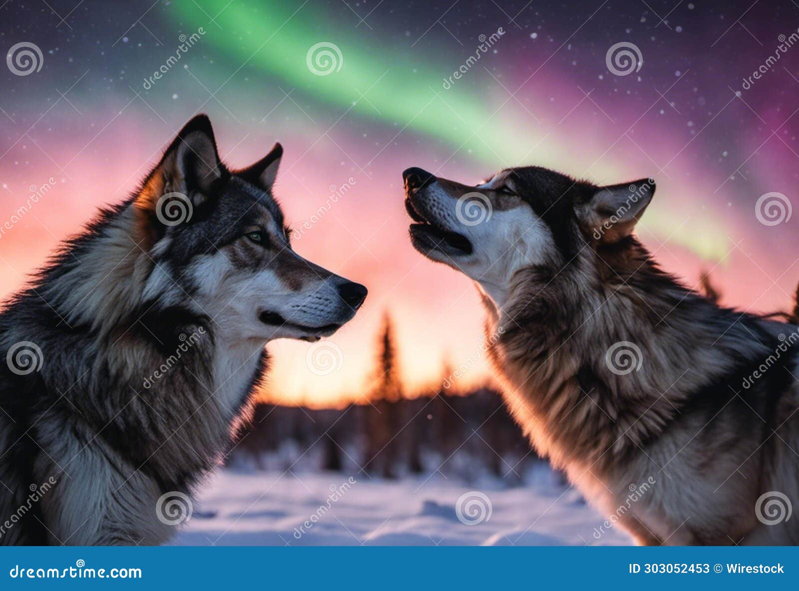 AI Generated Illustration of Two Wolves in Front of a Stunning Display ...