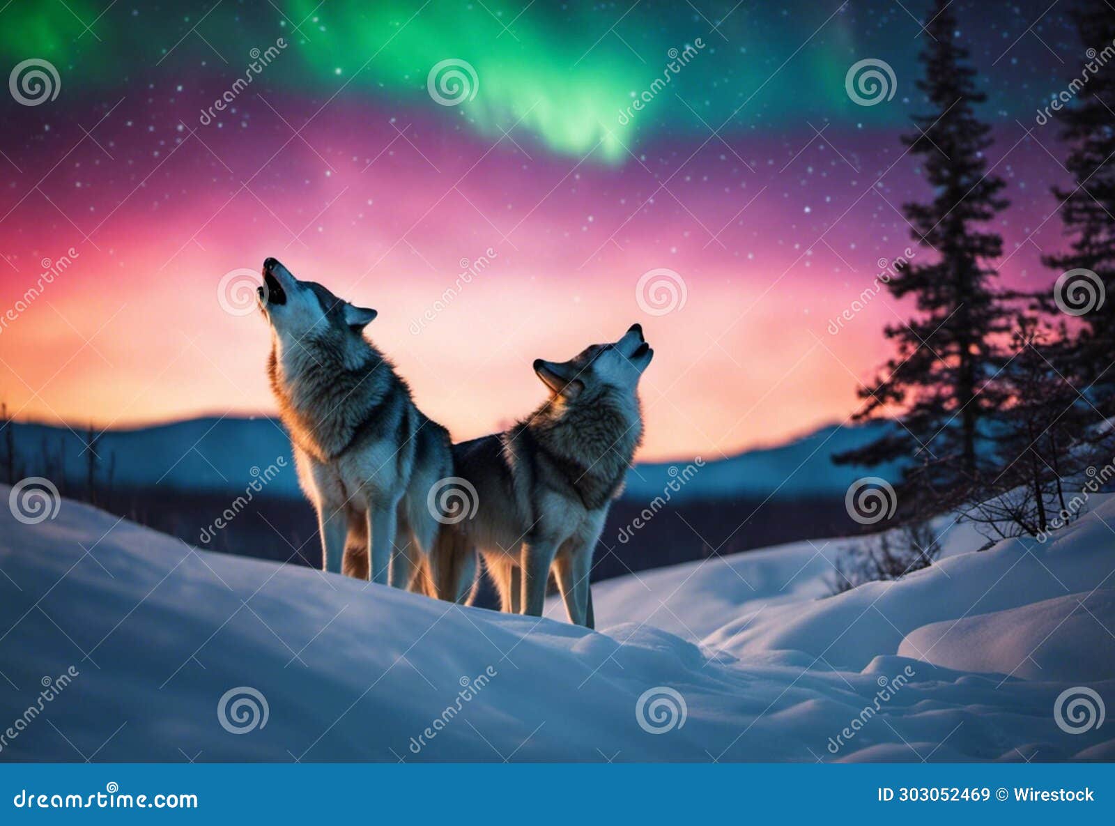 AI Generated Illustration of Two Wolves in Front of a Stunning Display ...