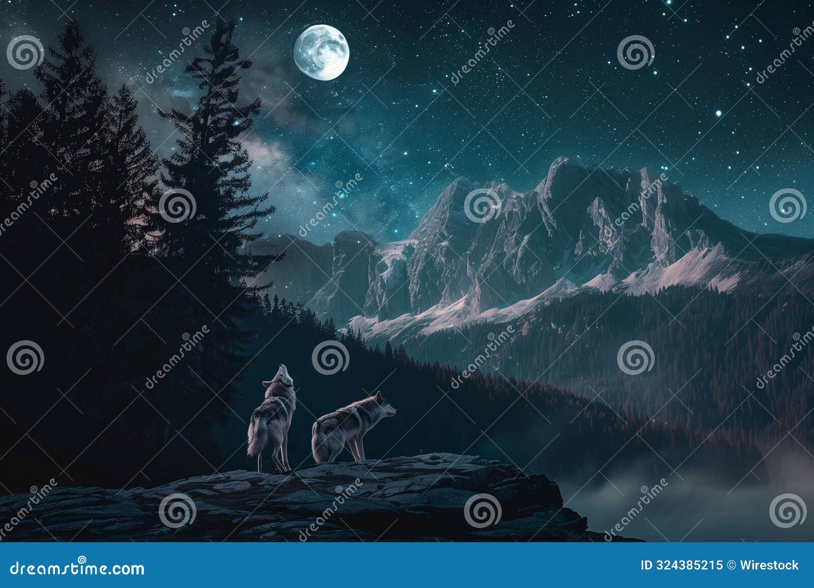 Two Wolves Howling at the Moon with a Starry Night Sky and Mountain ...