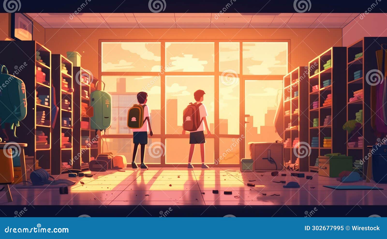 AI Generated Illustration of Two Young Students in a Library with Large ...