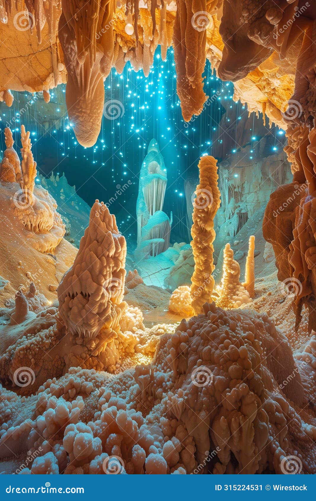 AI Generated Illustration of an Underground Cavern Illuminated by Glowing Worms Stock Image ...