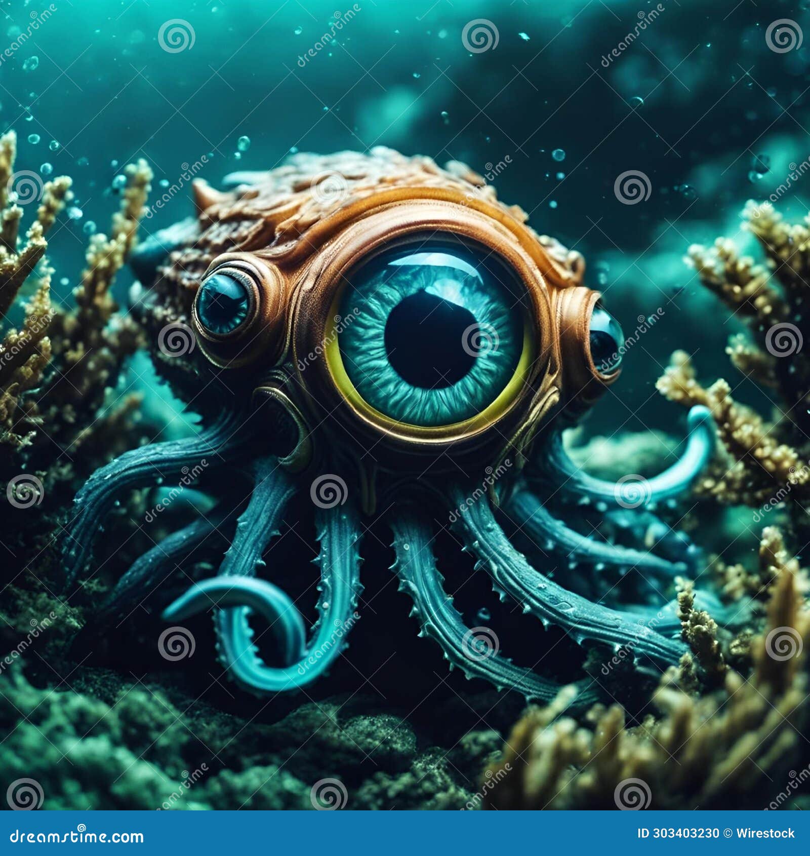 AI Generated Illustration of Underwater Shot of a Fish Eyeball Surrounded by Its Tentacles Stock ...