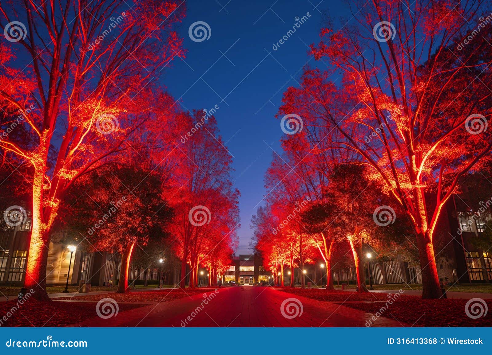 A Tree - Lined Avenue Lit with Red Lights on a College Campus Stock ...