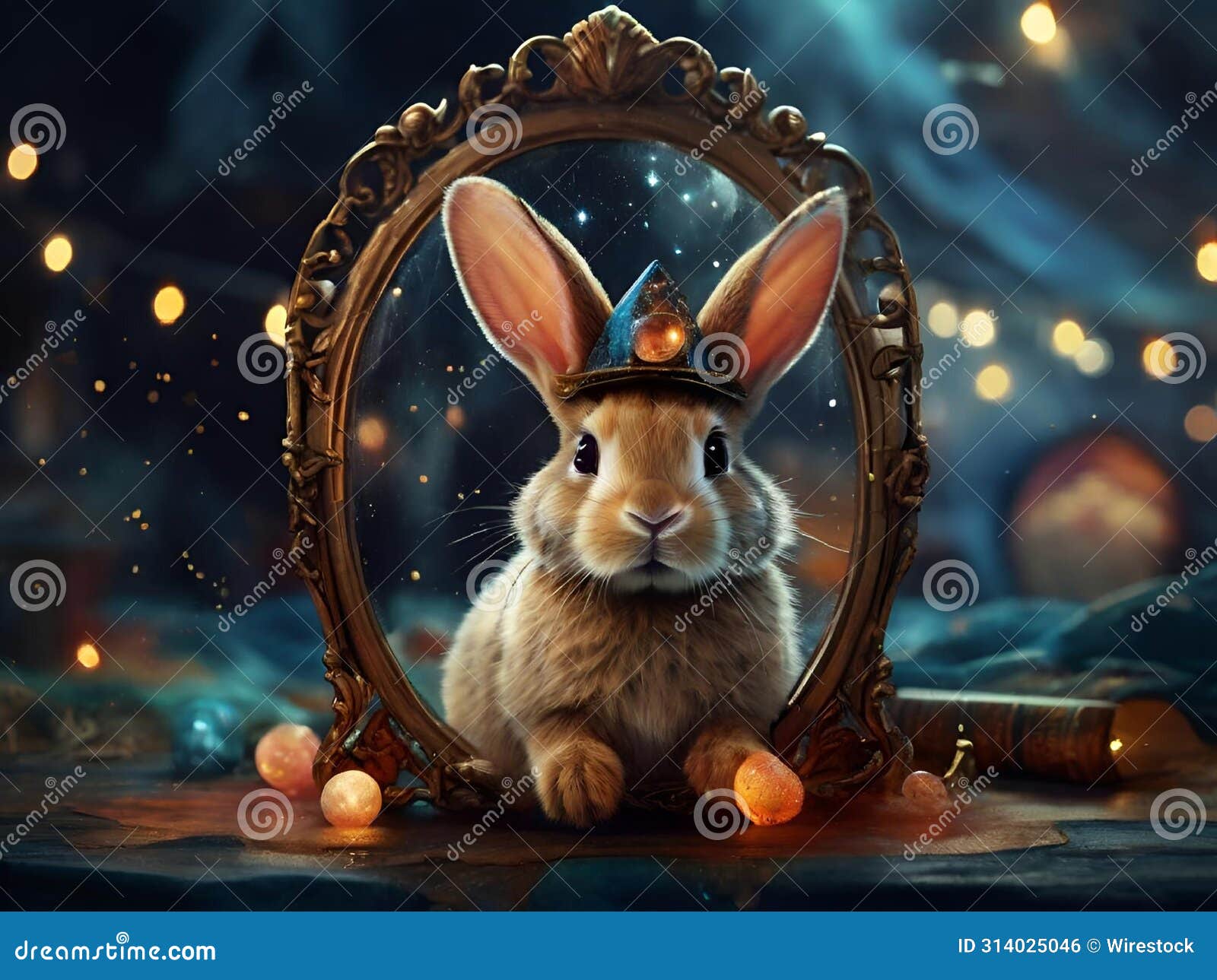 AI Generated Illustration of a Ute Rabbit in Hat Sits by Glowing Mirror ...