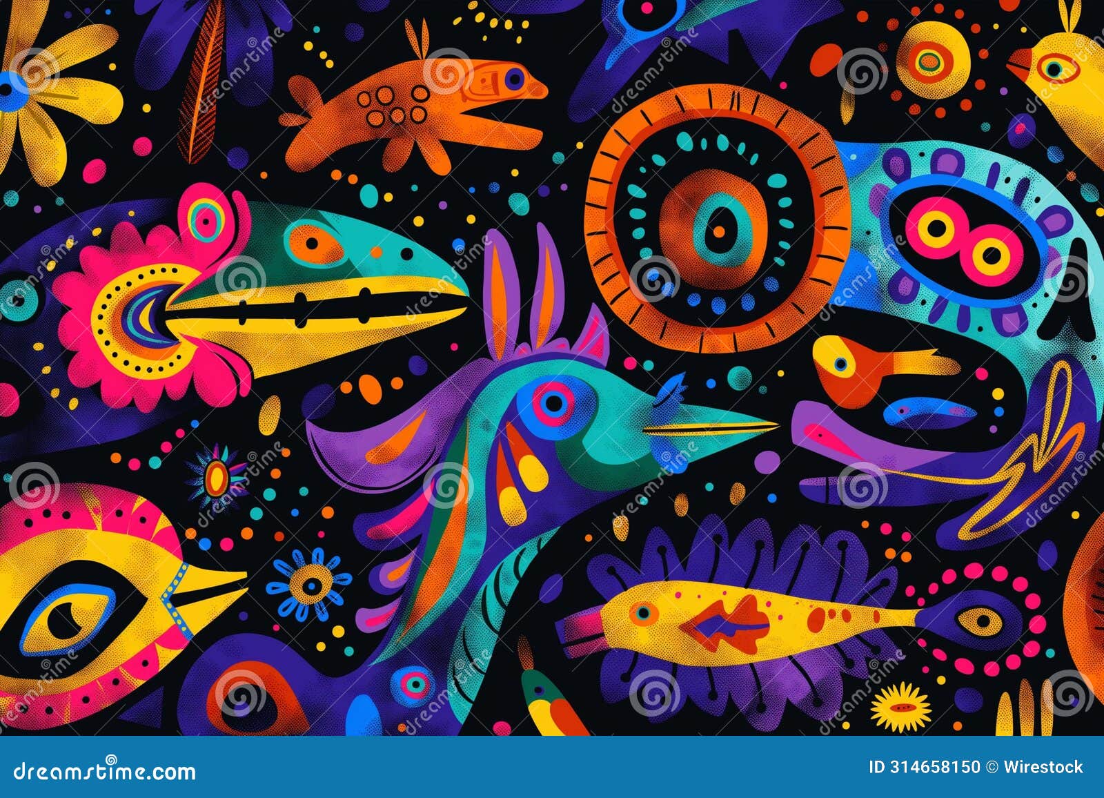 A Group of Animals on a Dark Ground with Different Colored Objects ...