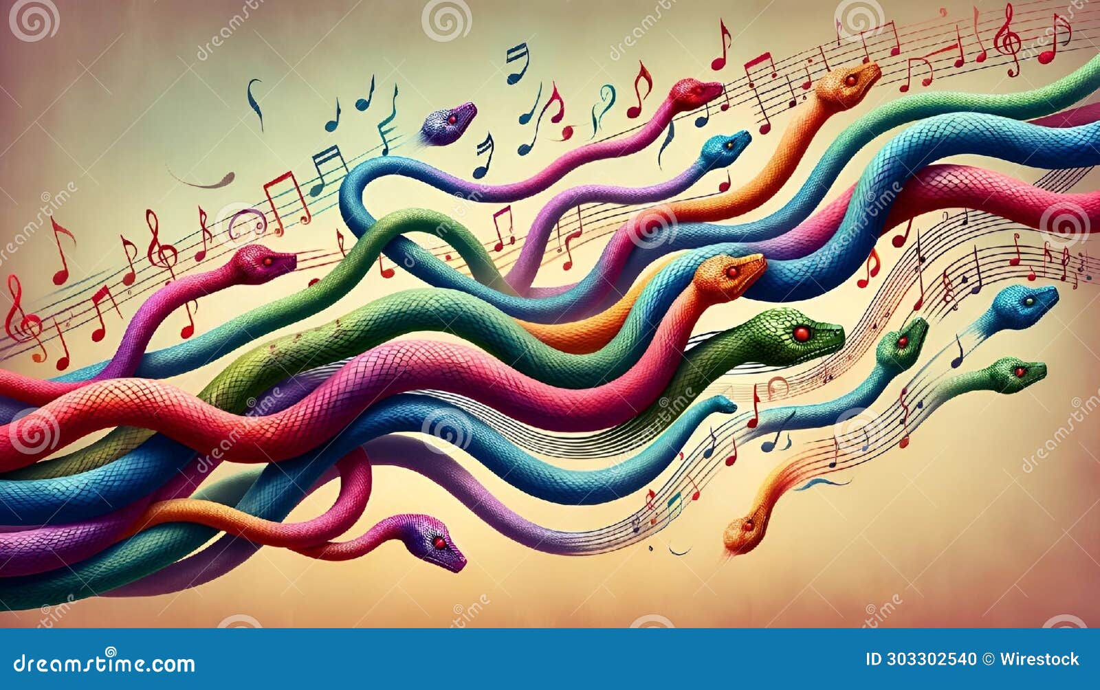 Colorful Snakes are Flying with Music Notes in the Air Over Them Stock ...