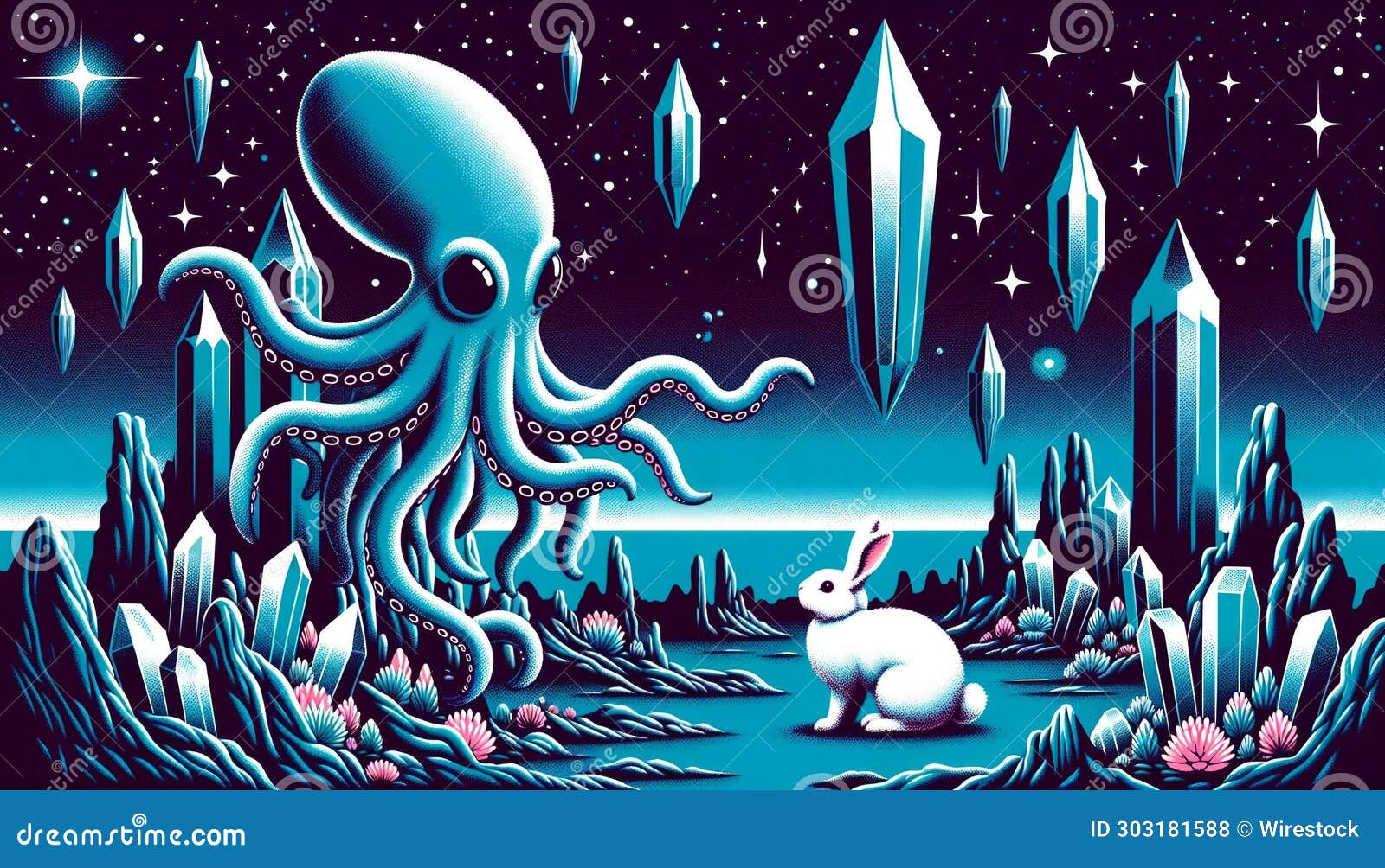 An Octopus and Bunny Rabbit Surrounded by Crystals and Stars on a ...