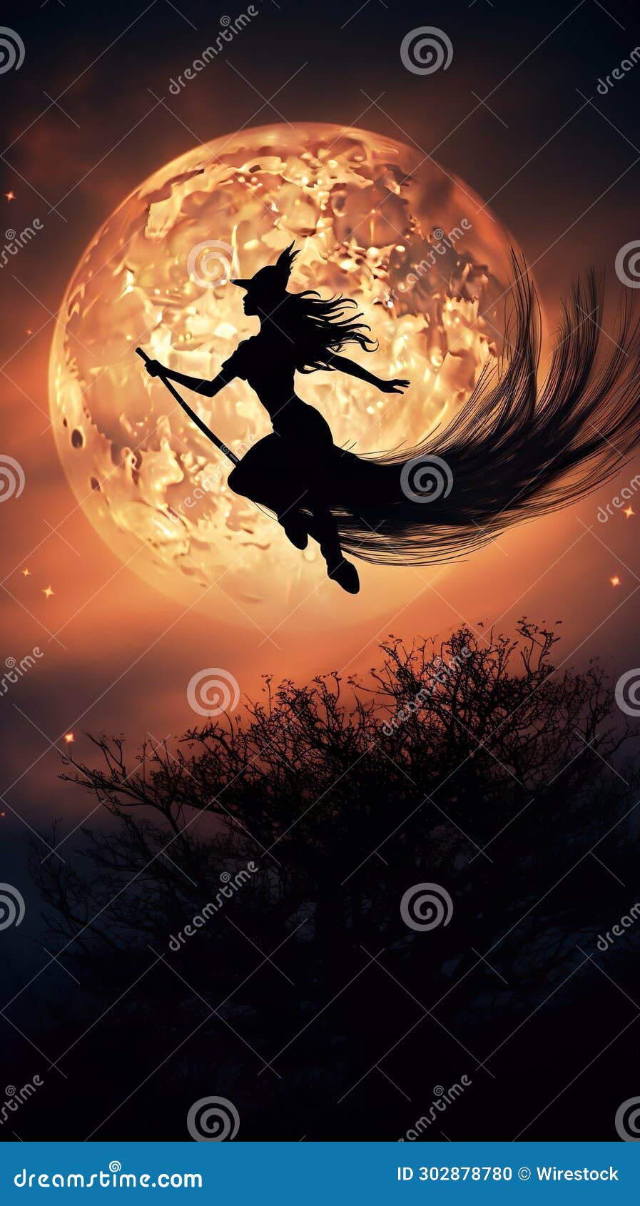AI Generated Illustration of a Vibrant Witch Flying Across the Full ...