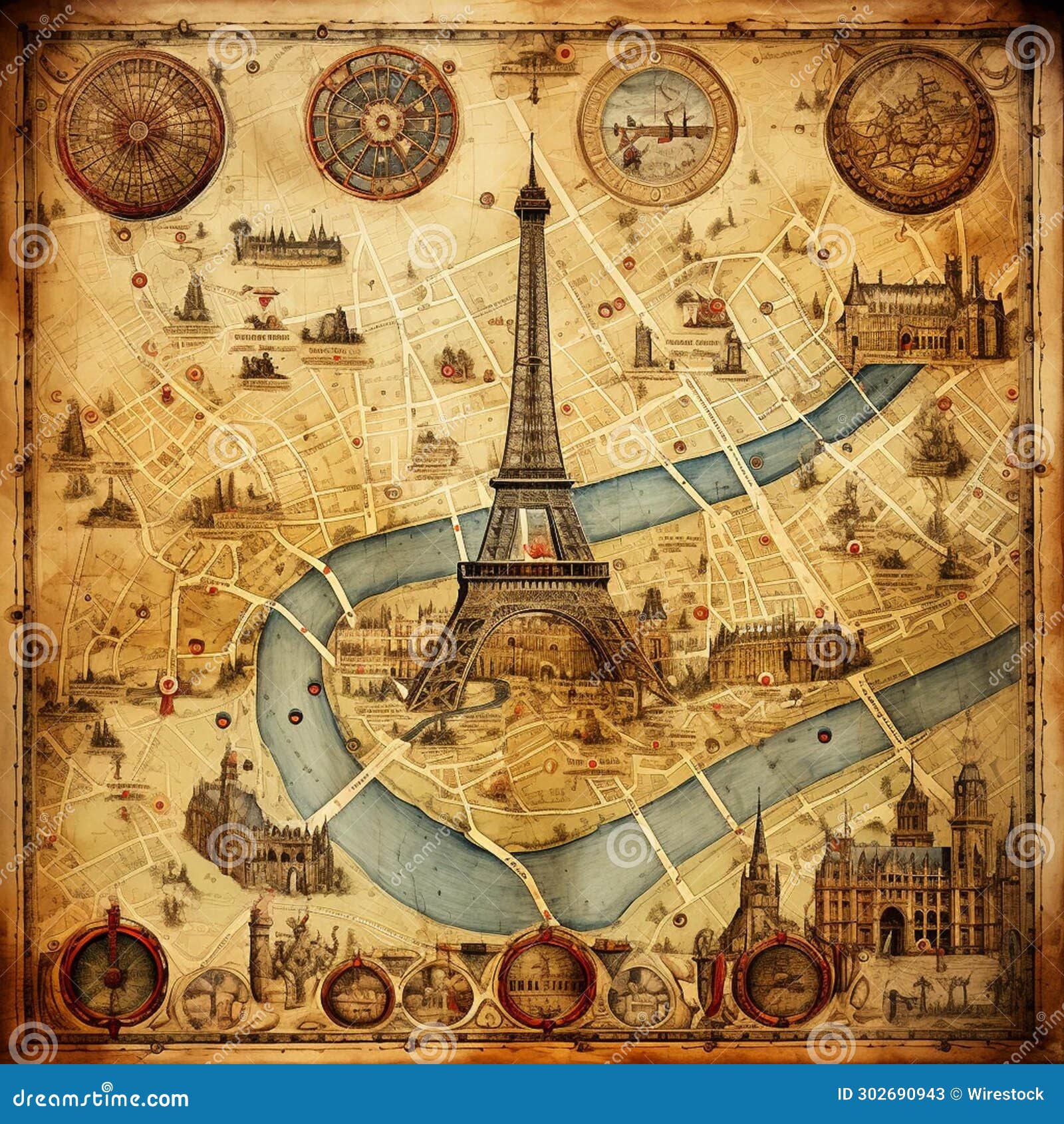 AI Generated Illustration of a Vintage Map Featuring the Iconic Eiffel ...
