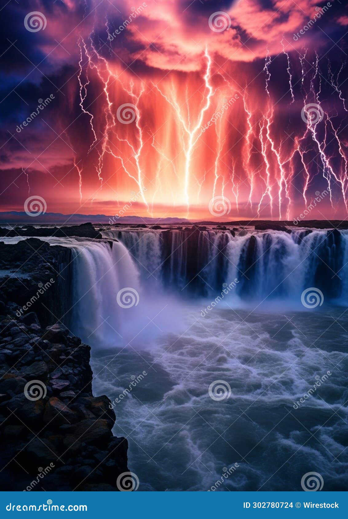 AI Generated Illustration of a Waterfall Cascading during a Flash of ...