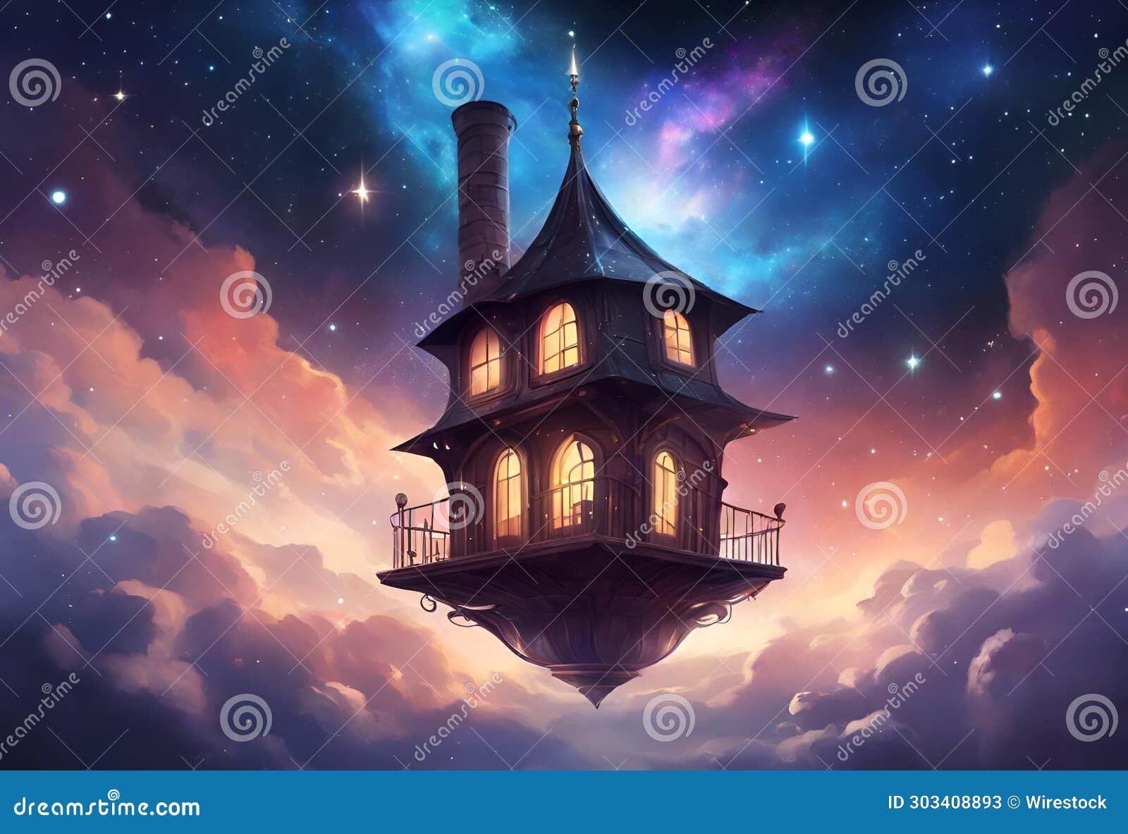 A House on a Floating Platform in the Sky with Clouds and Stars Stock ...