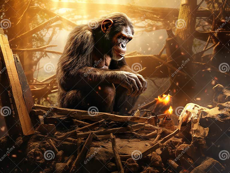 Ai Generated Illustration Wildlife Concept of Chimp Using Tools Stock ...