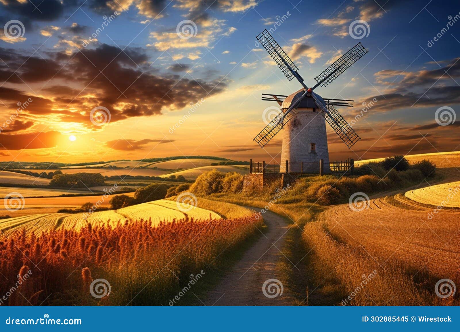 AI Generated Illustration of a Windmill in a Wheat Field at Sunset ...