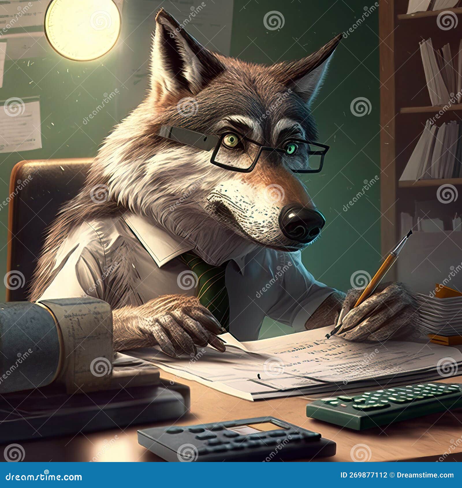 AI Generated Illustration from Wolf Accountant Siting in Office Stock ...