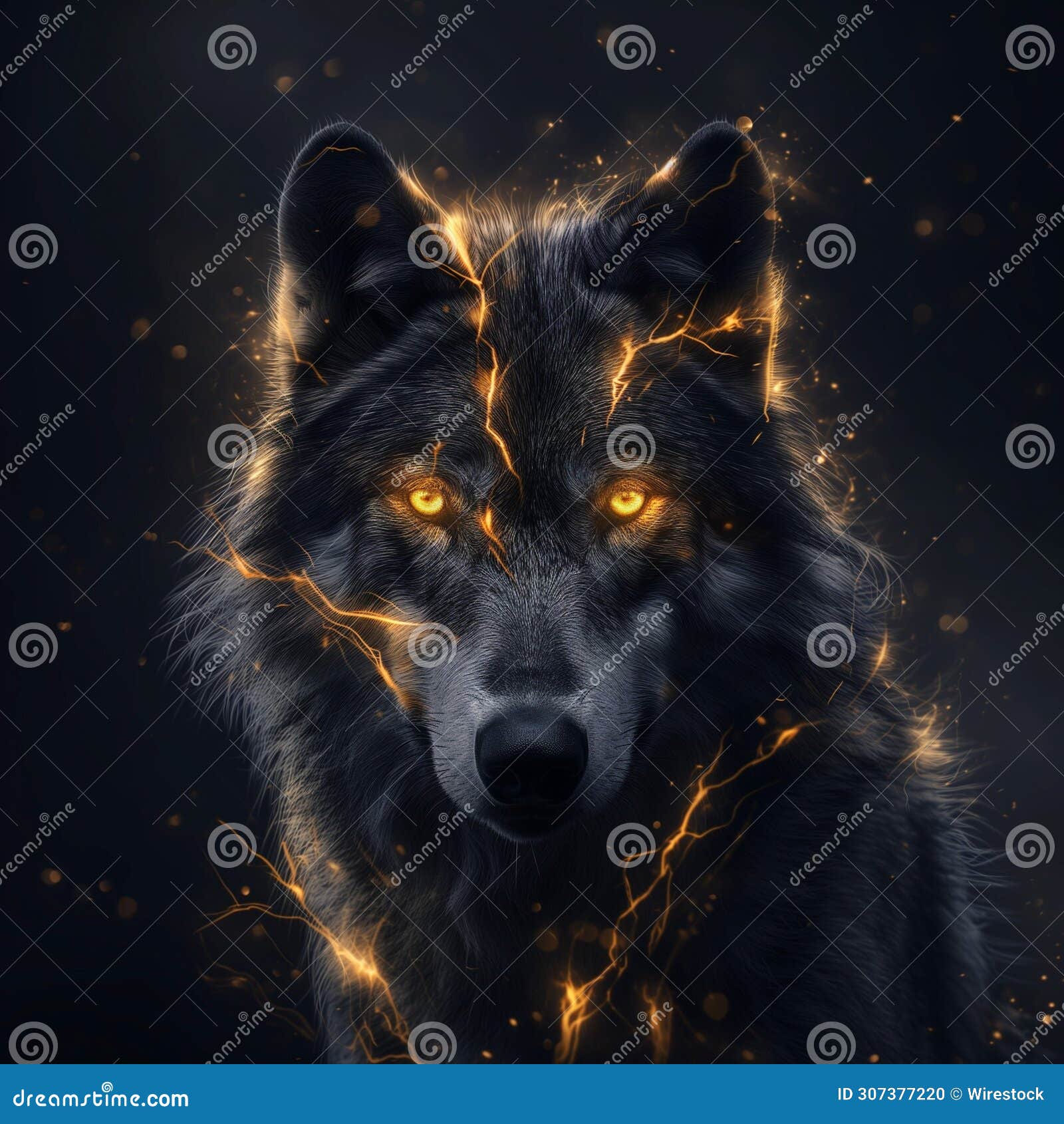 AI Generated Illustration of a Wolf with Glowing Eyes, Against a Black ...