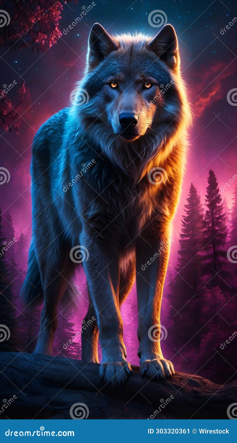 AI Generated Illustration of a Wolf with Glowing Eyes in a Forest at ...