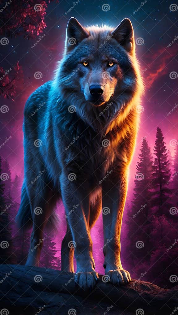 AI Generated Illustration of a Wolf with Glowing Eyes in a Forest at ...