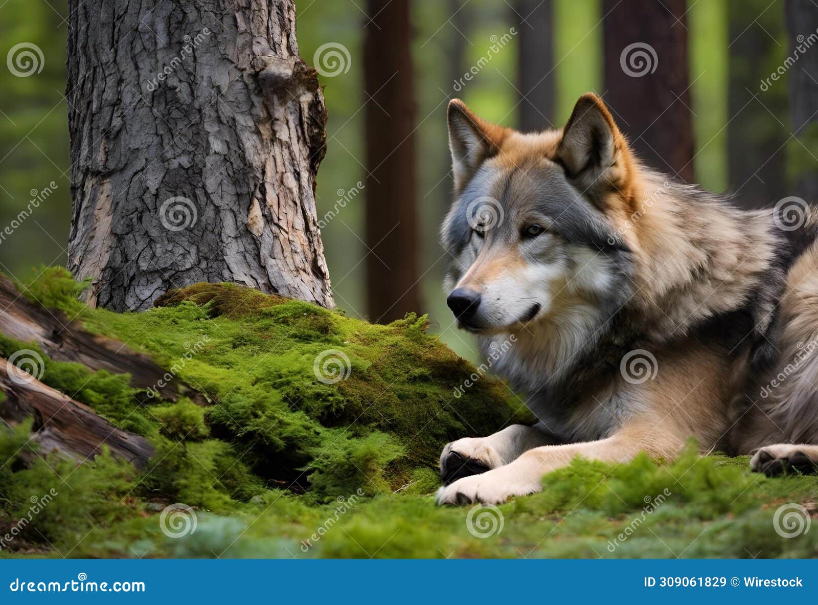 AI Generated Illustration of a Wolf Naps Amidst Moss-covered Trees ...