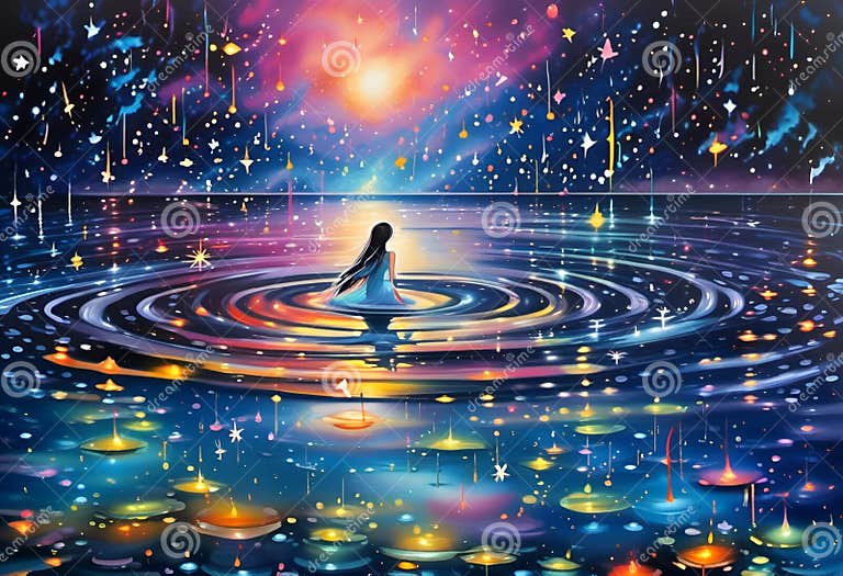 Woman Standing In The Middle Of A Circle Surrounded By Sparkling Stars Stock Illustration