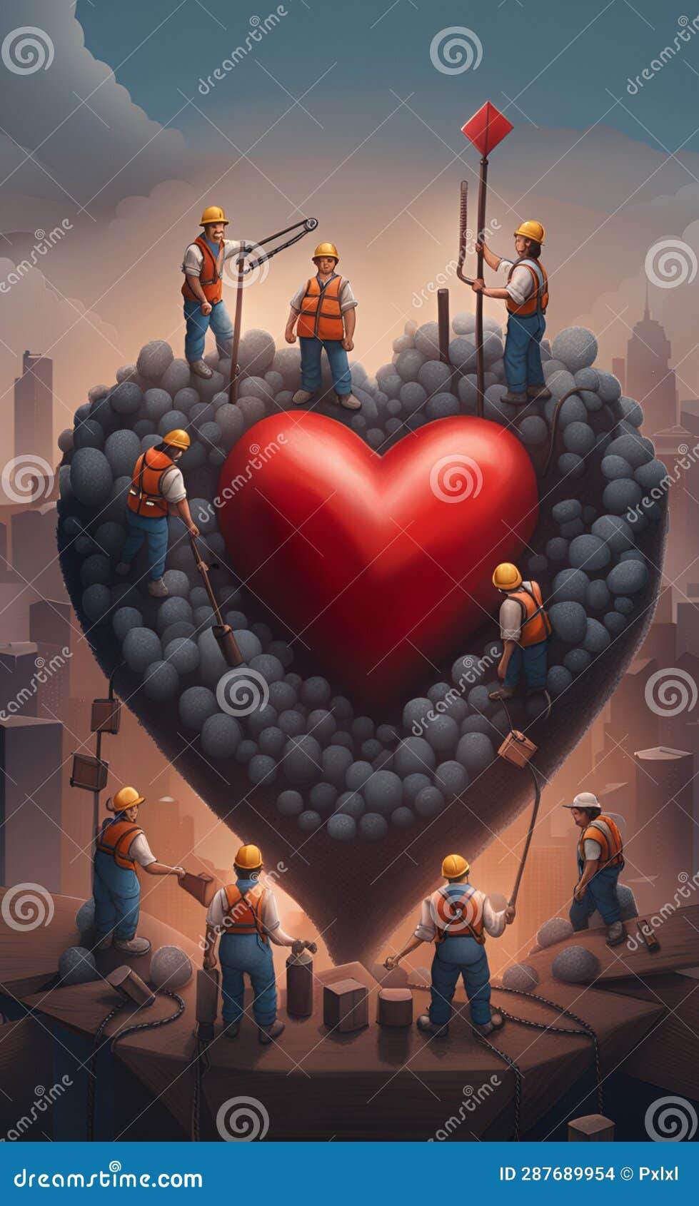 AI Generated Illustration of a Workers Team Miniature Fixing a Large ...