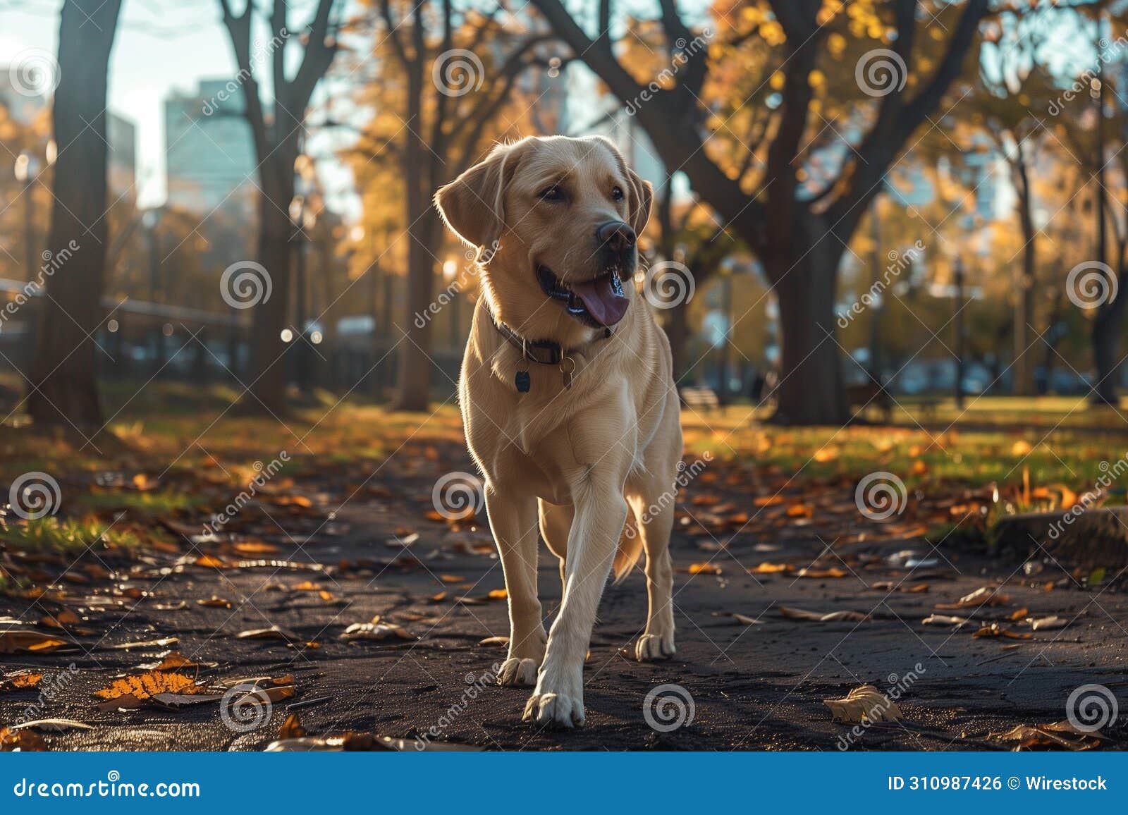 A Yellow Lab Standing on a Path in Front of Trees Stock Photo - Image ...