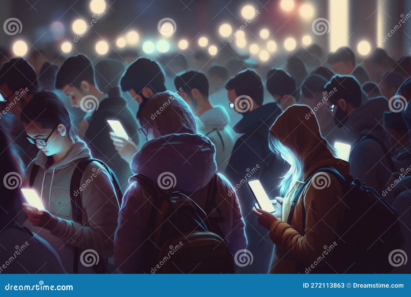 Abstract Crowd of People are Watching Their Mobile Devices Like Zombies ...