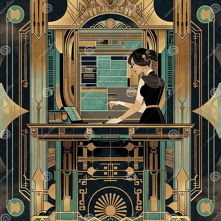 AI-generated Image: "Art Deco Tech Operator at Control Panel." Stock Illustration - Illustration ...