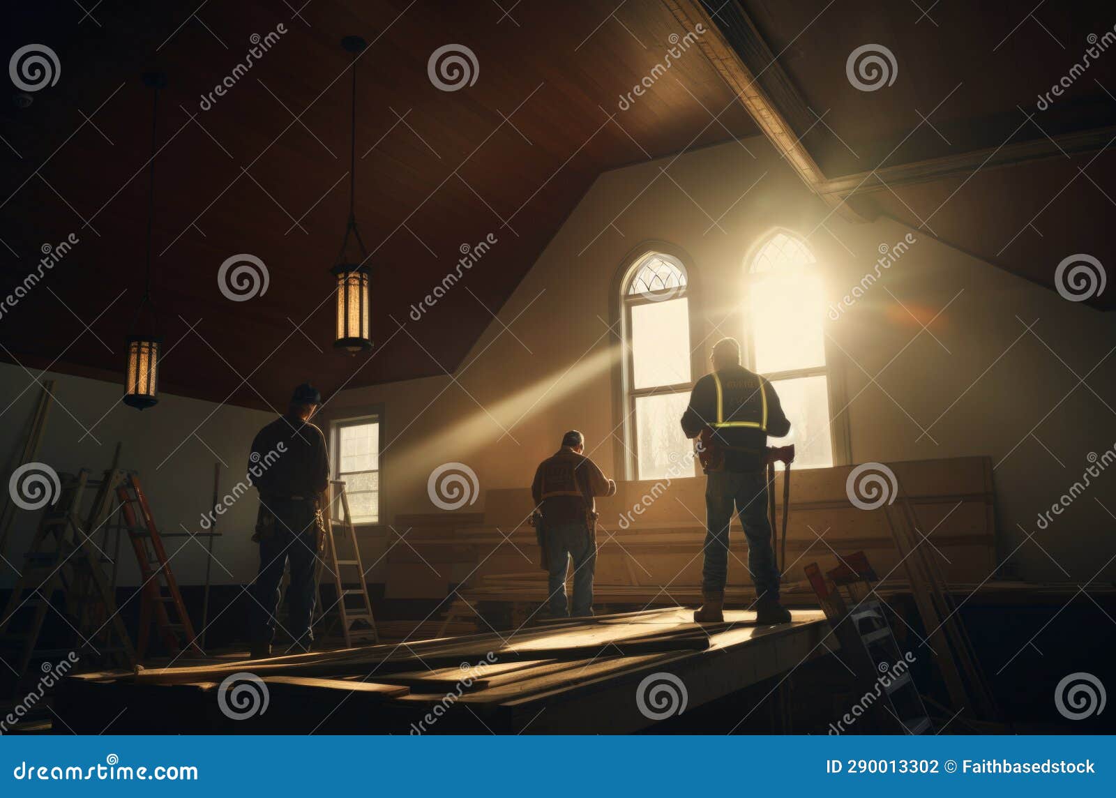Building for Jesus. Workers Constructing a Church Stock Illustration ...